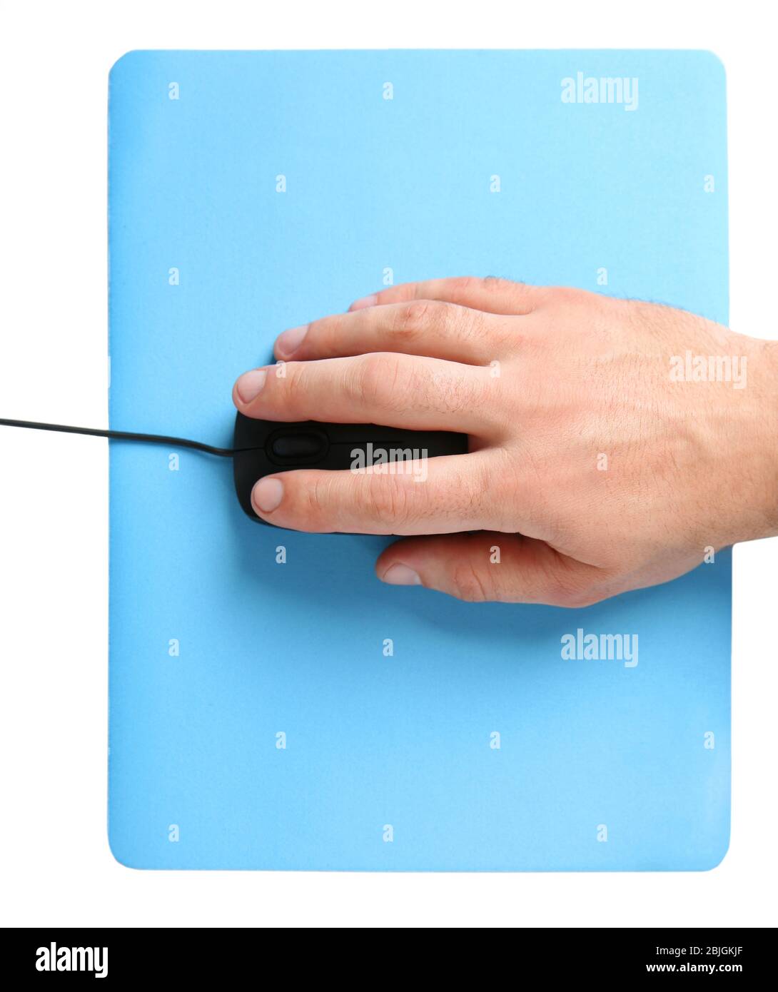 Male hand with computer mouse and pad on white background, closeup ...