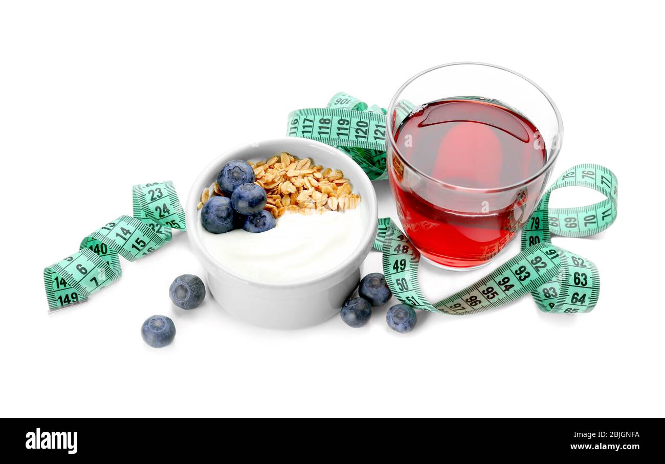 Composition with tasty yogurt on white background Stock Photo - Alamy