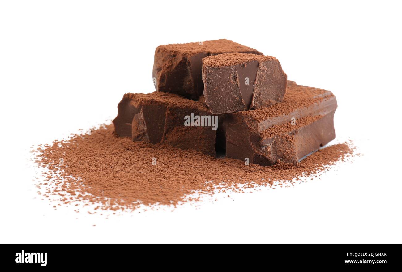 Pile of dark chocolate chunks and cocoa powder on white background ...