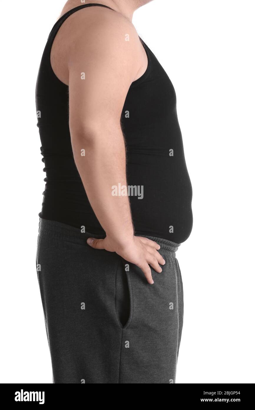 Fat man on white background. Weight loss concept Stock Photo - Alamy