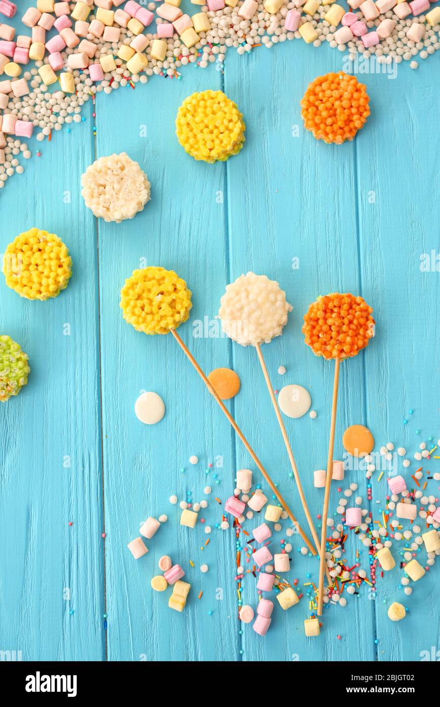 Round shaped crispy dessert on blue background, top view Stock Photo ...