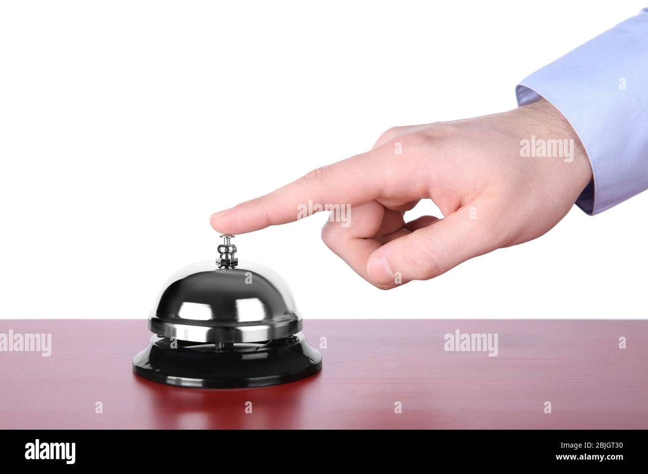 Man ringing service bell isolated on white Stock Photo - Alamy