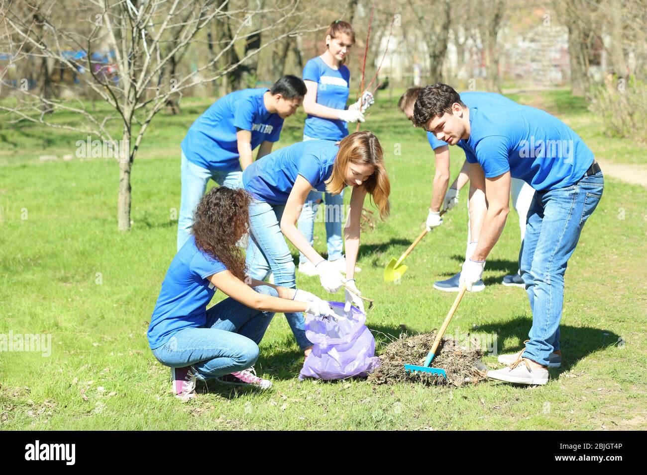 Group of volunteers working in park Stock Photo - Alamy
