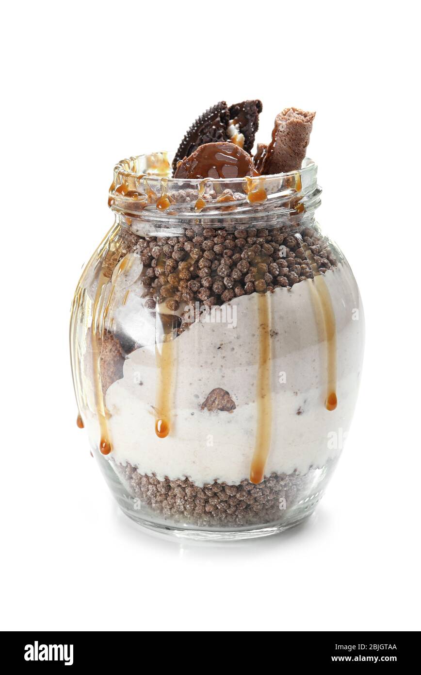 Delicious parfait with chocolate in jar on white background Stock Photo ...