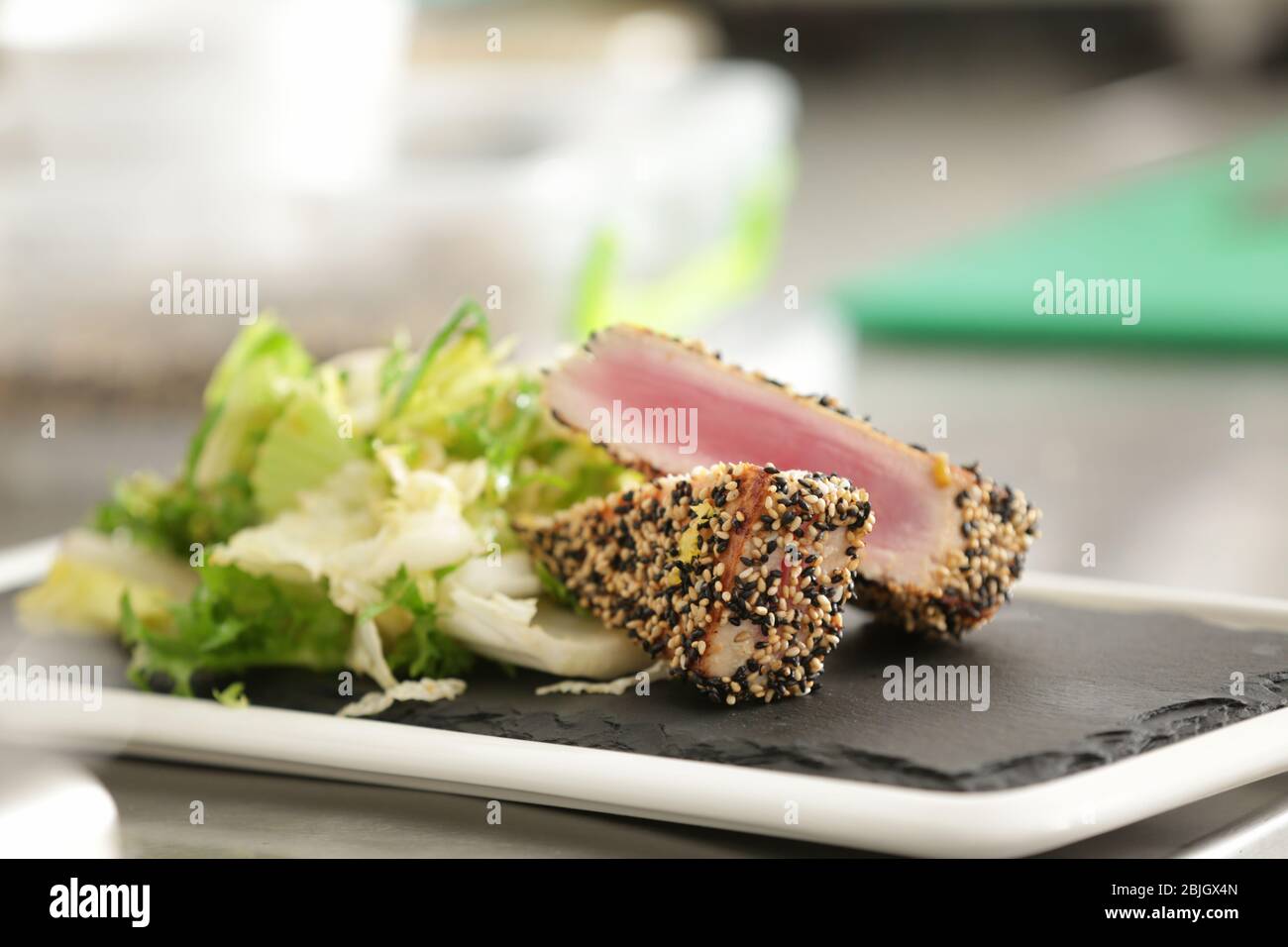 Tray with delicious tuna fillet, closeup Stock Photo - Alamy