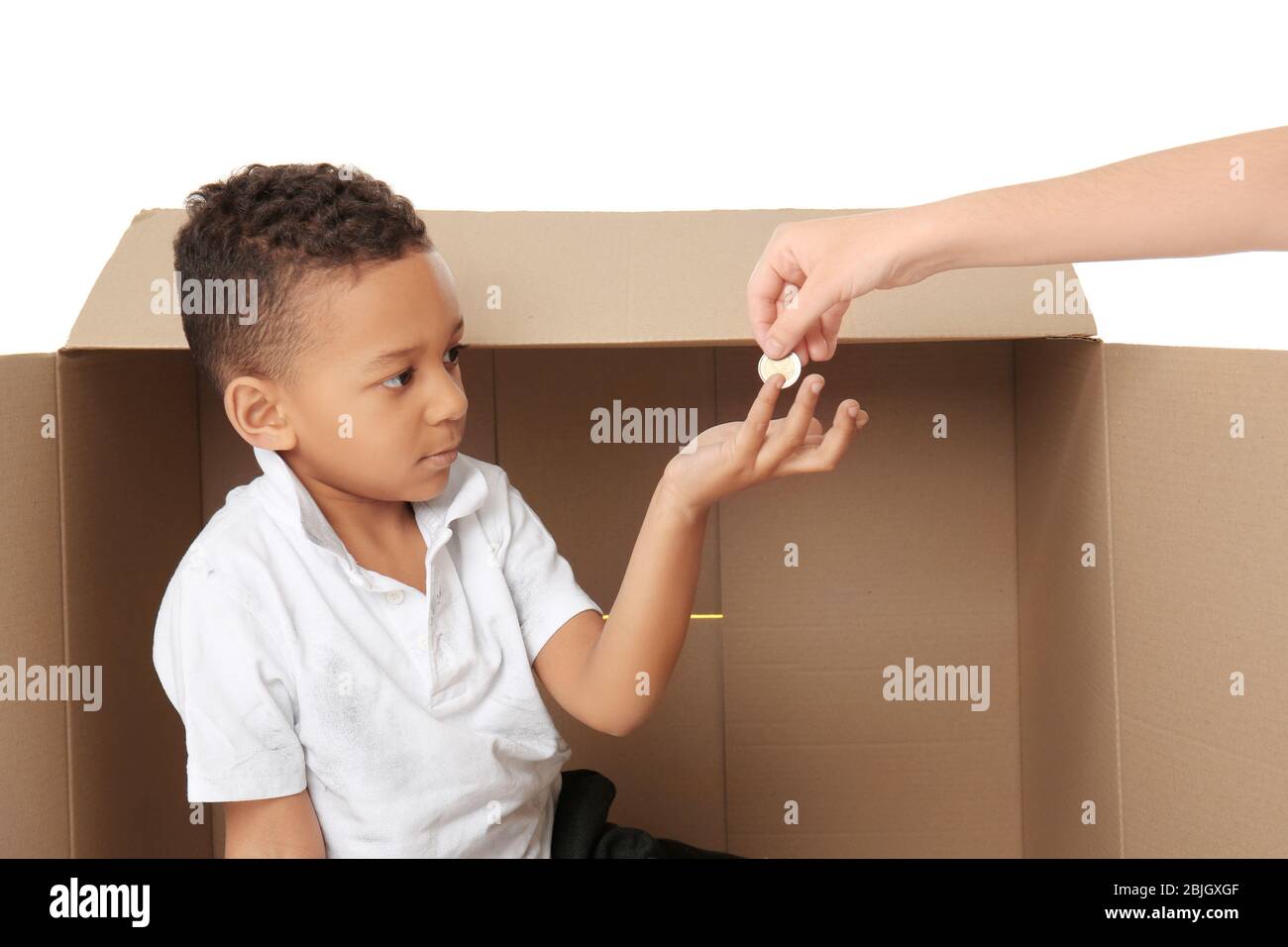 Cute little boy asking for handout on white background. Poverty concept ...