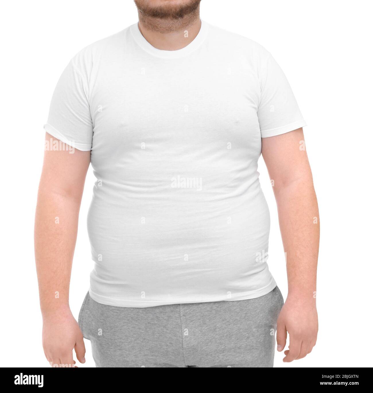 Fat man on white background. Weight loss concept Stock Photo - Alamy