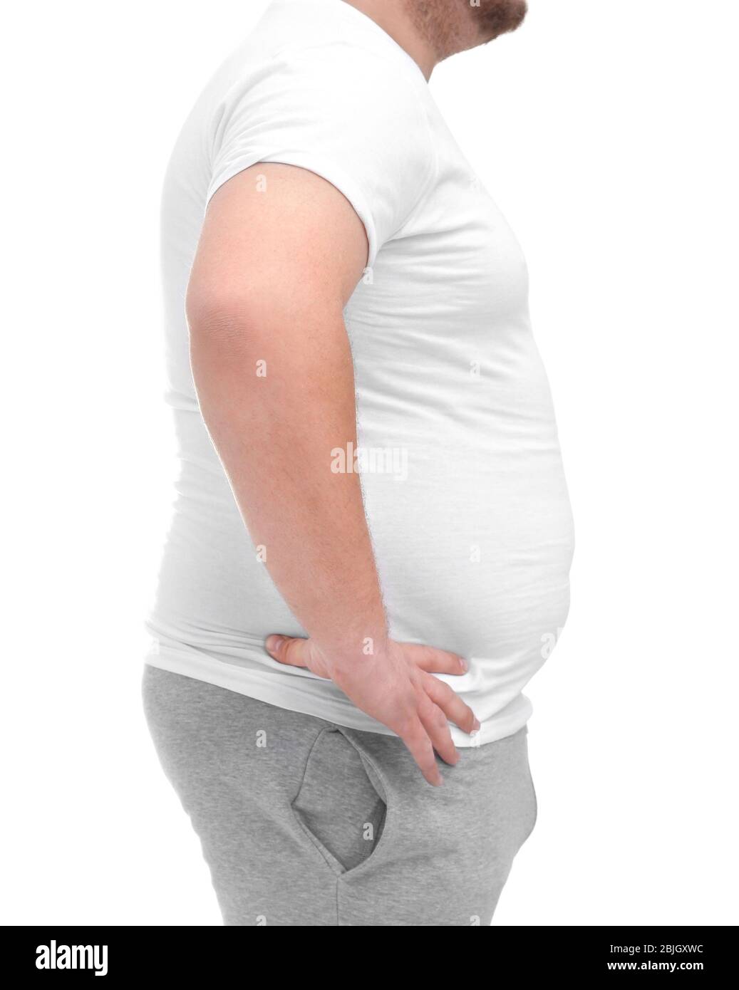 Fat man on white background. Weight loss concept Stock Photo - Alamy