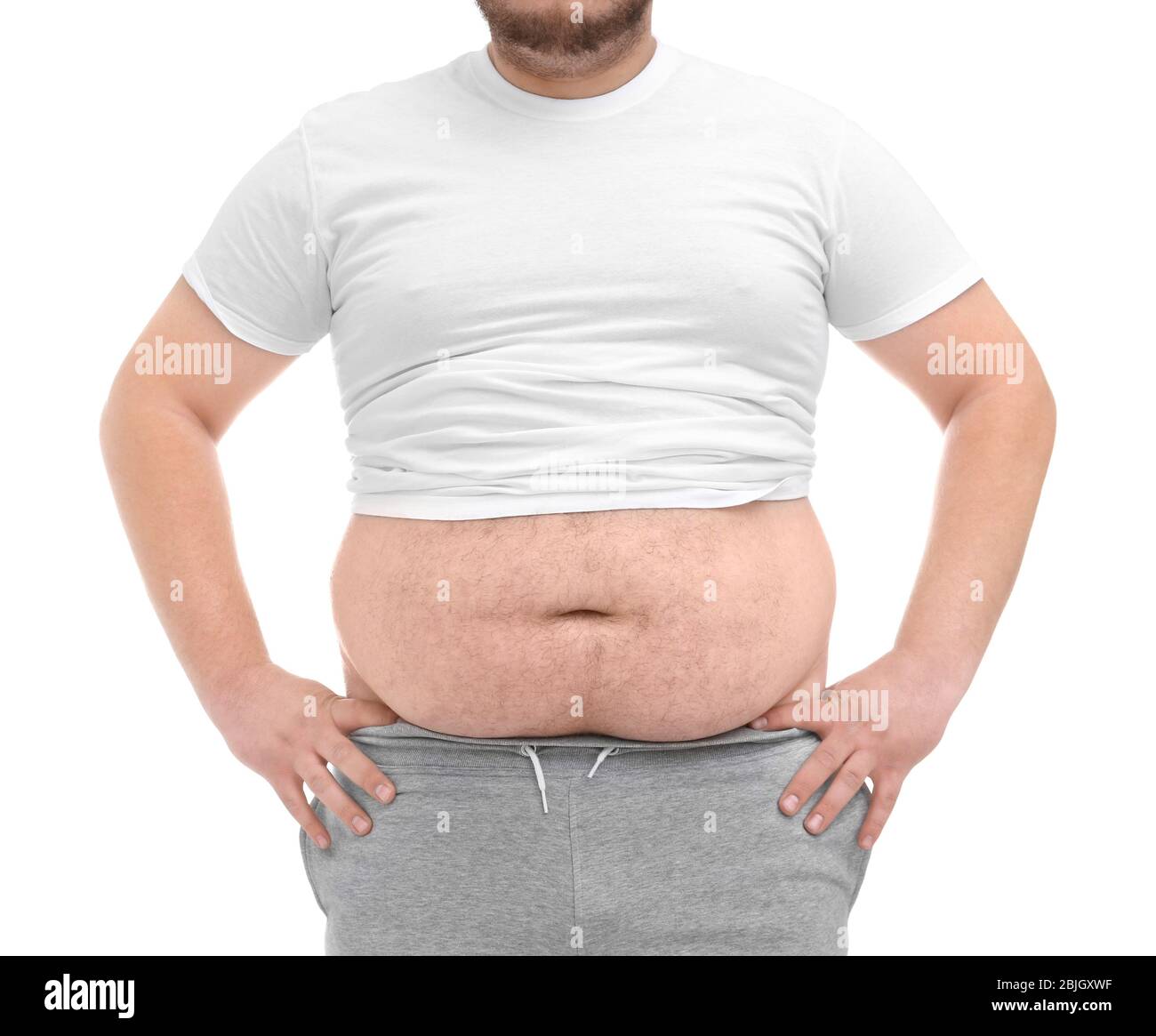 Fat man on white background. Weight loss concept Stock Photo - Alamy