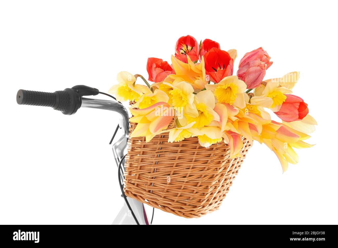 Bicycle with basket of beautiful flowers on white background Stock ...