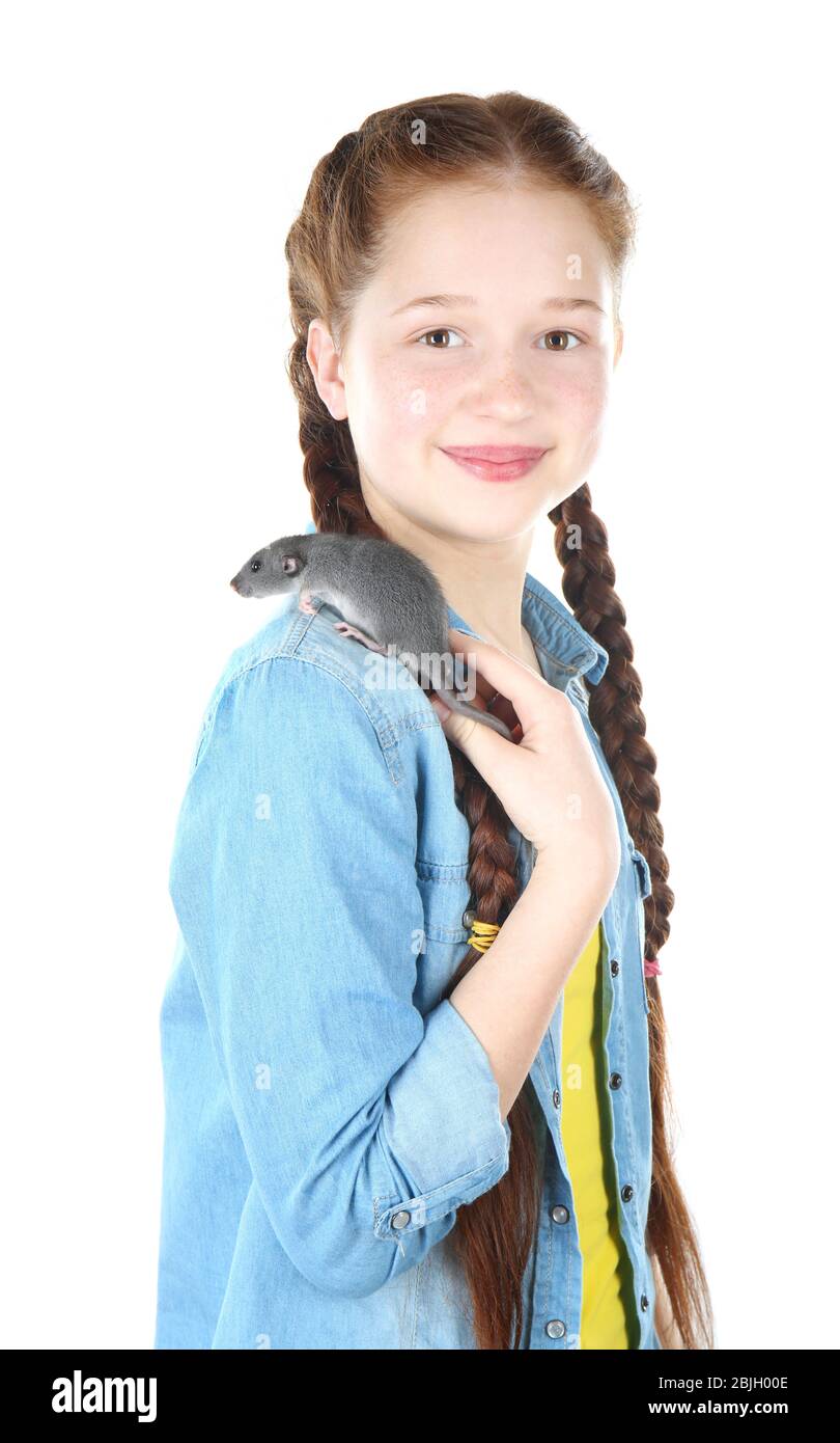 Cute girl with funny rat on white background Stock Photo - Alamy