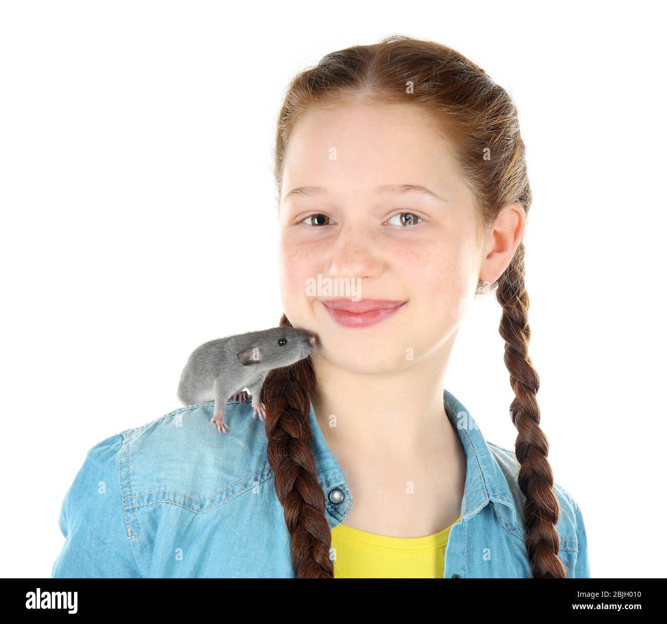 Cute girl with funny rat on white background Stock Photo - Alamy