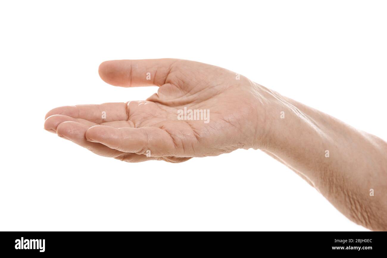 Senior woman's hand on white background Stock Photo - Alamy