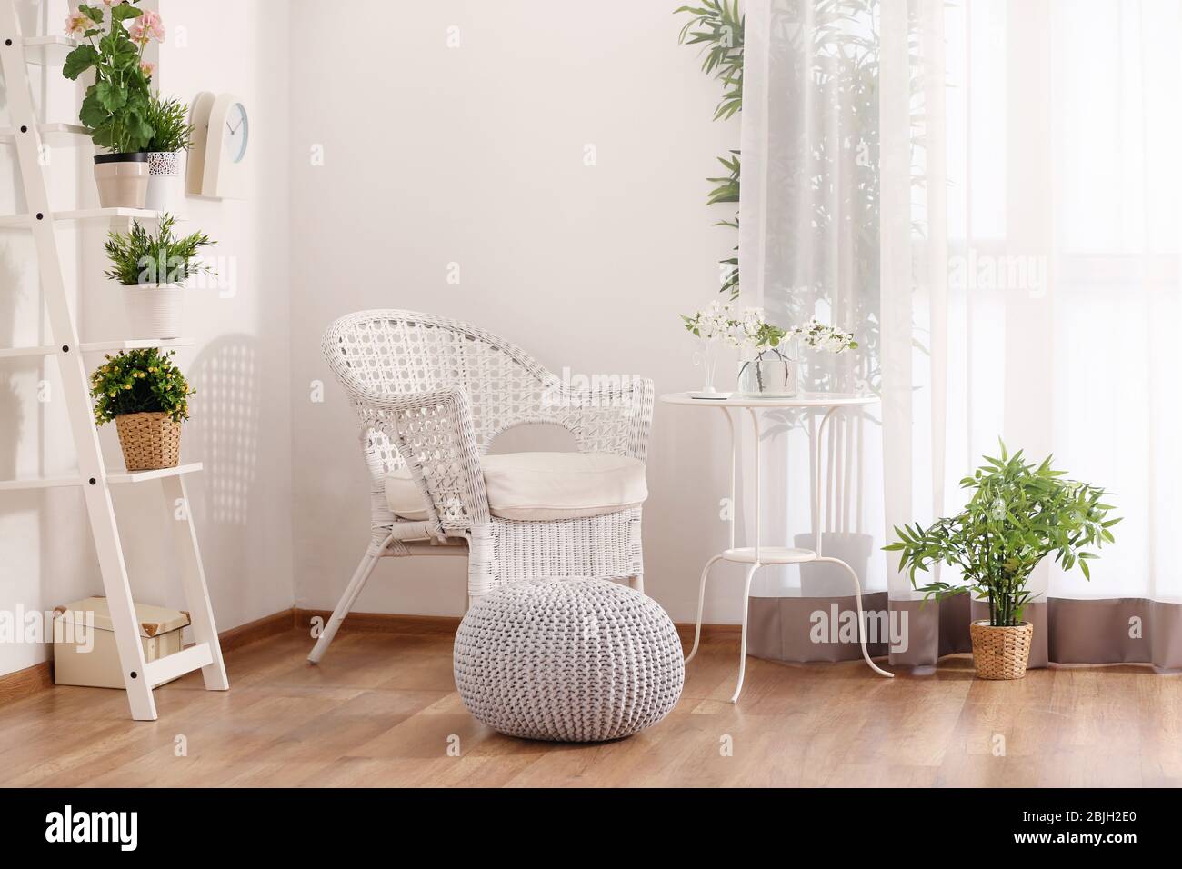 Beautiful modern veranda with cozy furniture and house plants Stock ...