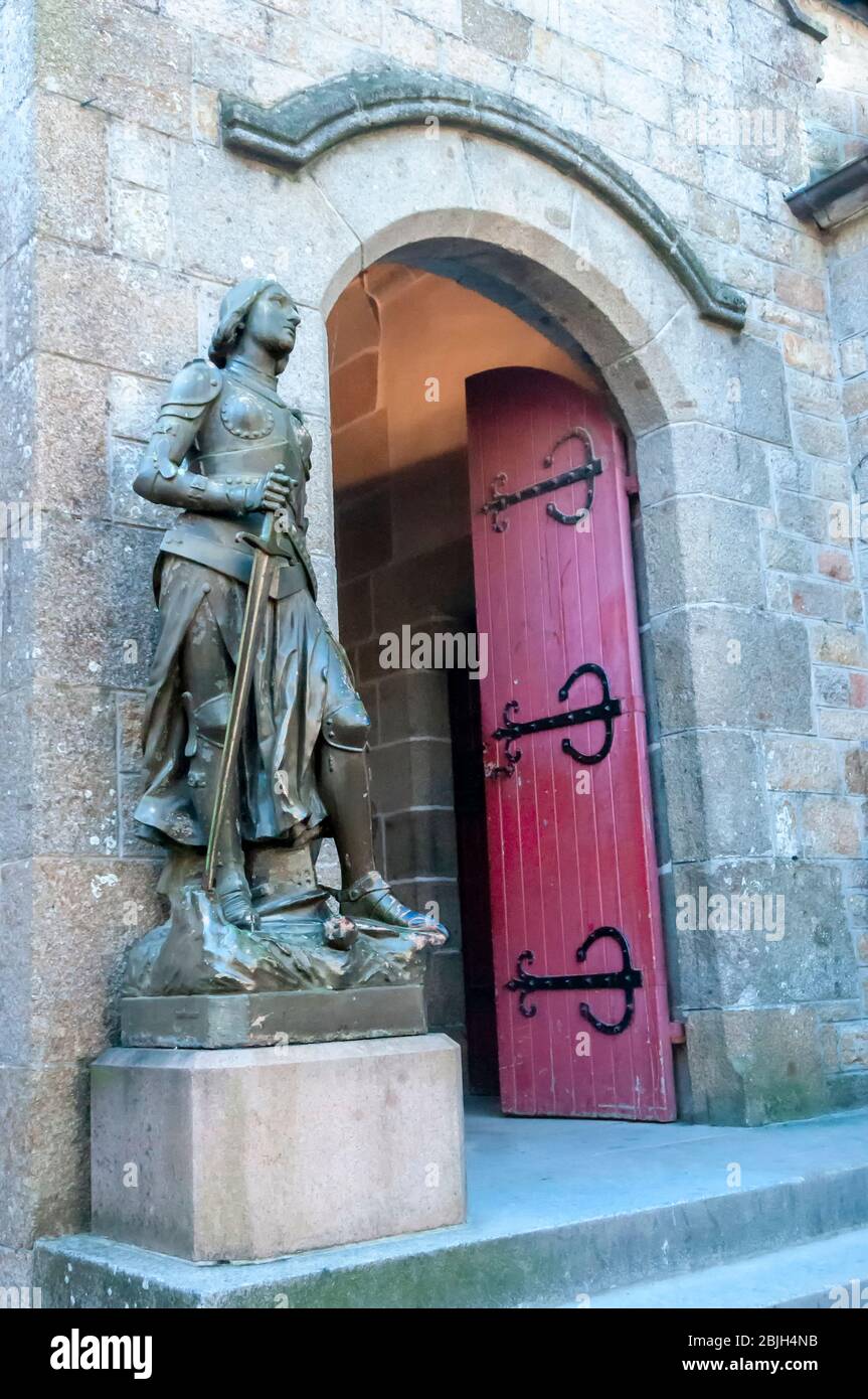 Mont St Michelle, France - October 30, 2015: Statue of Joan of Arc ...