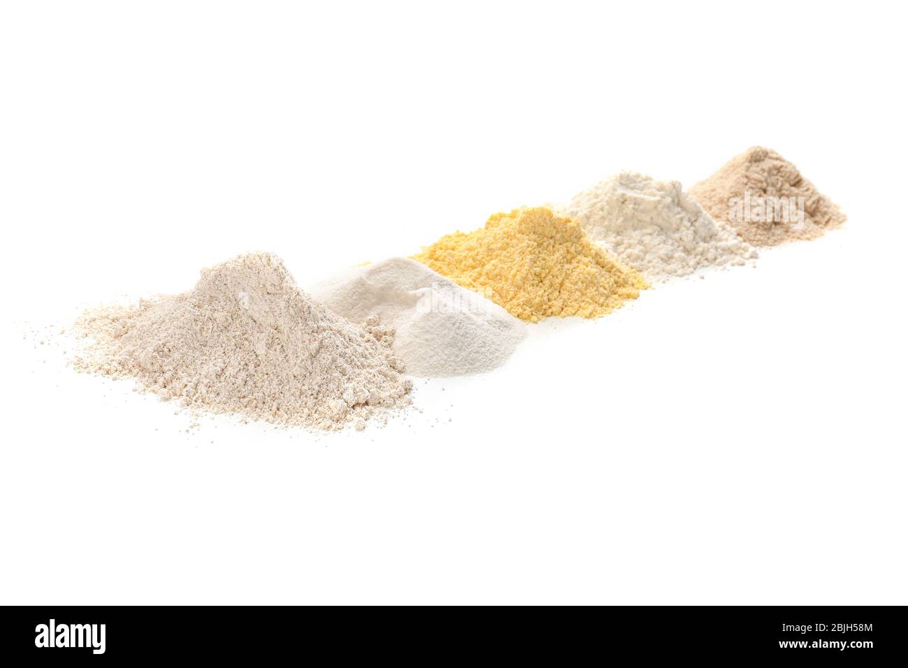 Different types of flour on white background Stock Photo - Alamy