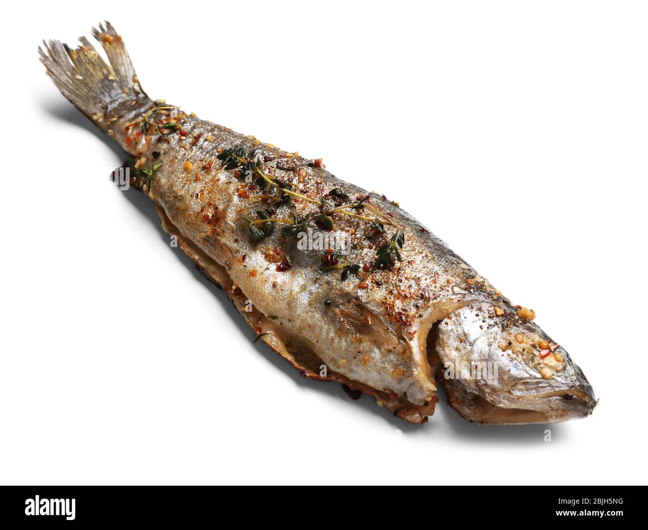 Delicious freshly fried fish on white background Stock Photo - Alamy