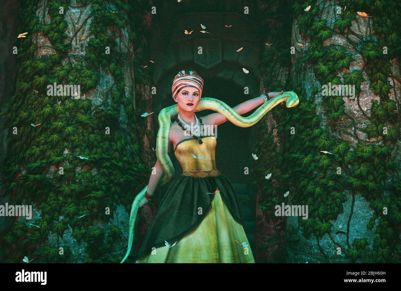 Voodoo queen with green python,3d illustration for book cover ideas ...