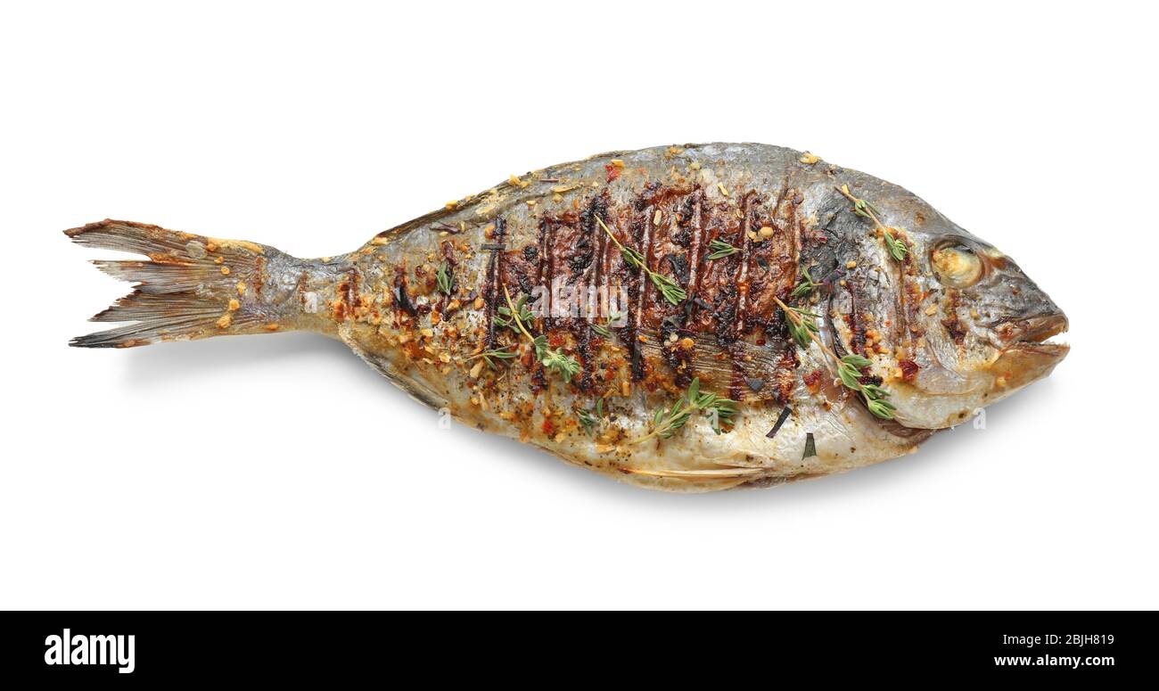 Delicious fried fish on white background Stock Photo - Alamy