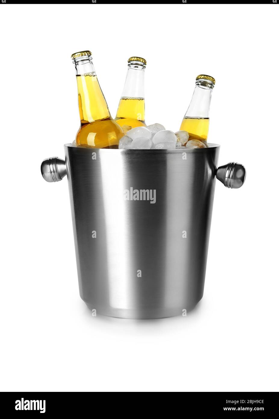 Bottles of lemonade in bucket with ice on white background Stock Photo ...
