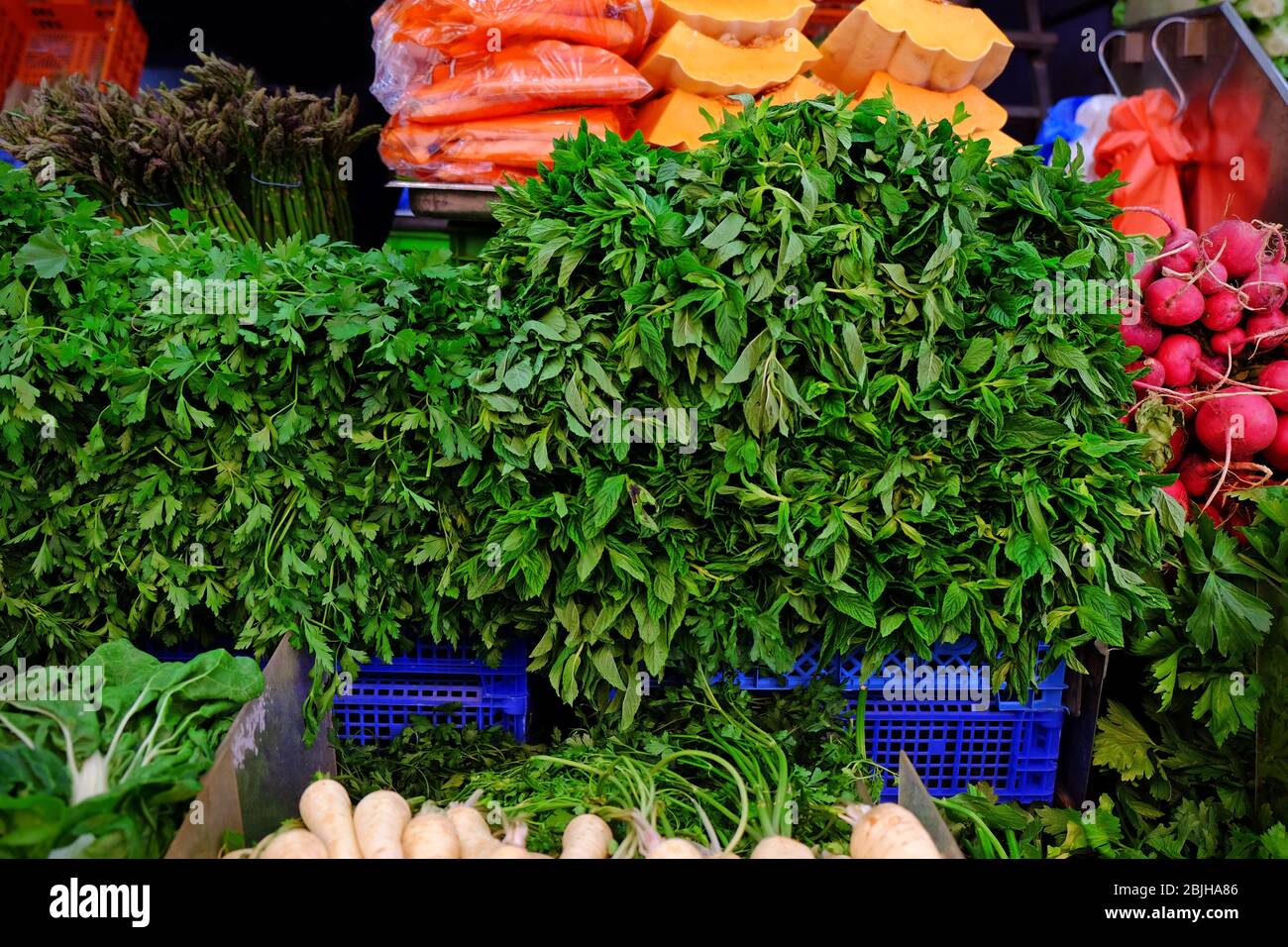 Different fresh herbs at market Stock Photo - Alamy