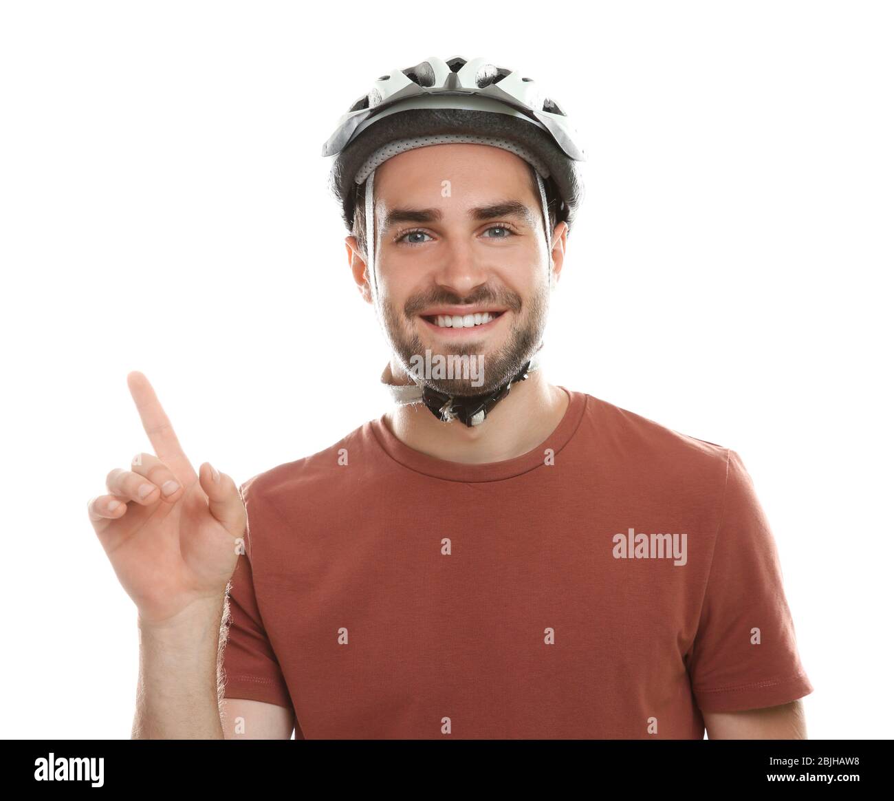 Handsome young bicycle rider with helmet on white background Stock ...