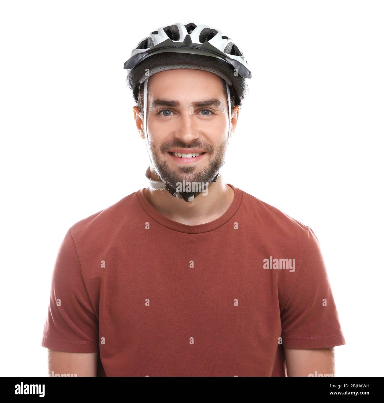 Handsome young bicycle rider with helmet on white background Stock ...