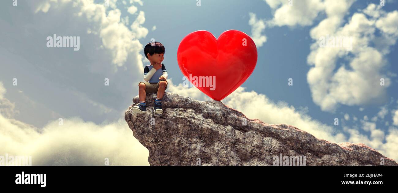 Boy with big red heart on the cliff,3d rendering Stock Photo - Alamy