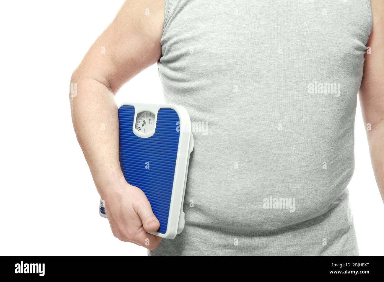 Fat man with scales on white background, closeup. Weight loss concept ...