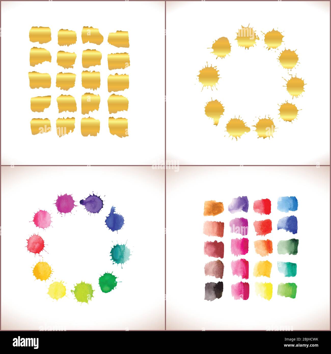 Vector round frame made of watercolor rainbow and gold blobs, colorful ...