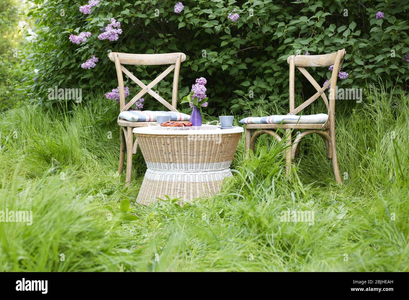 Breakfast in beautiful lilac garden Stock Photo - Alamy