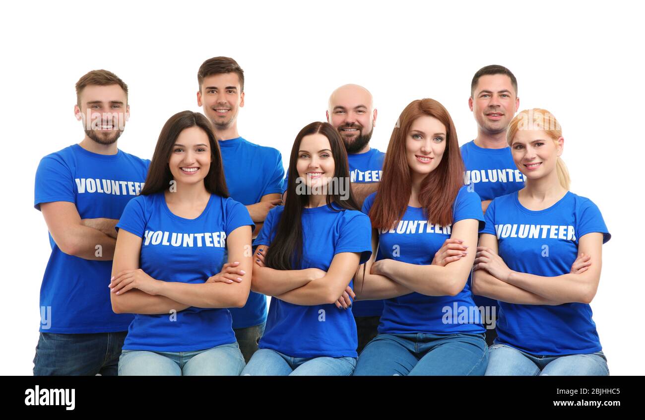 Group of young volunteers on white background Stock Photo - Alamy