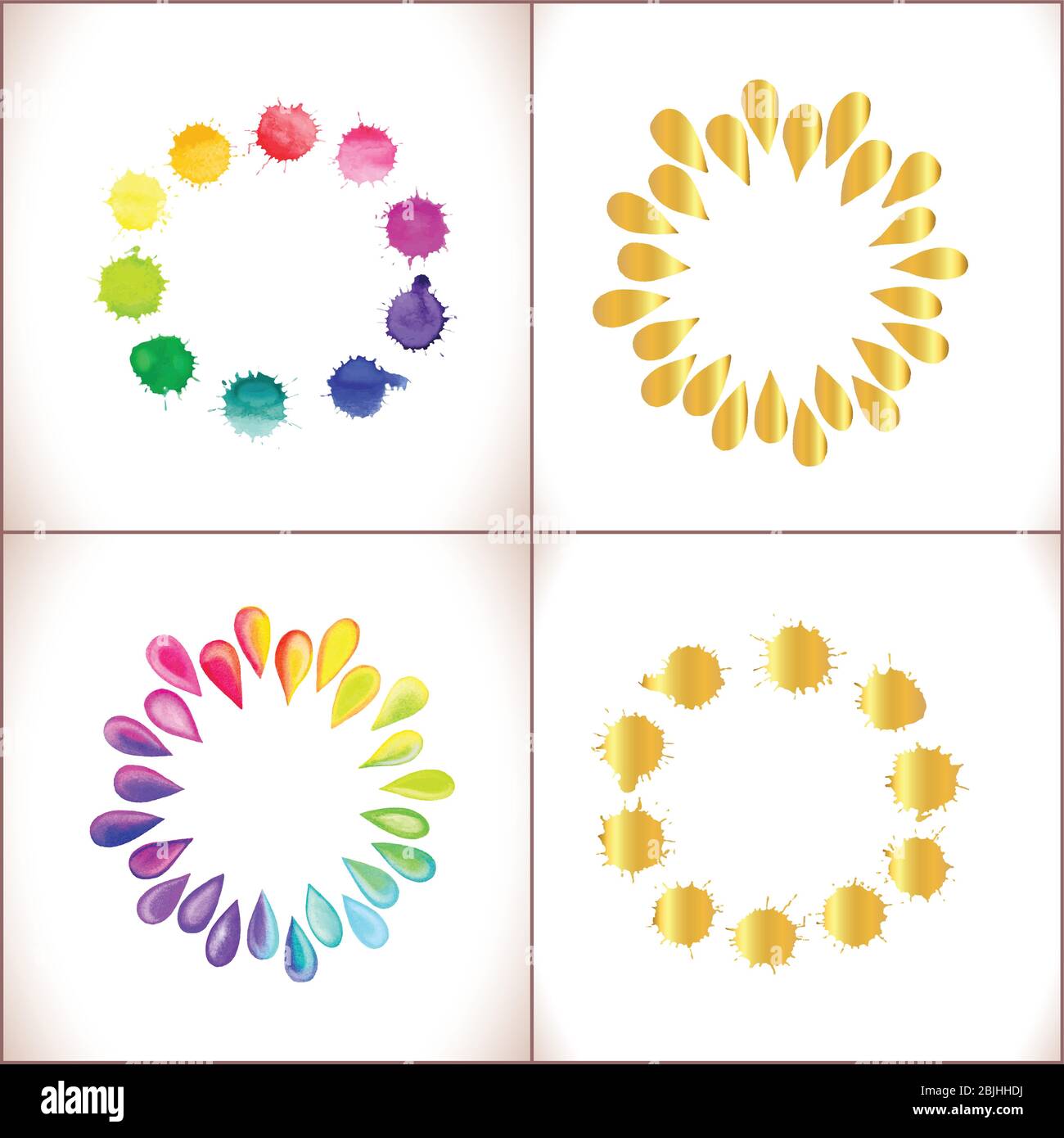 Vector round frame made of watercolor rainbow and gold blobs, colorful ...
