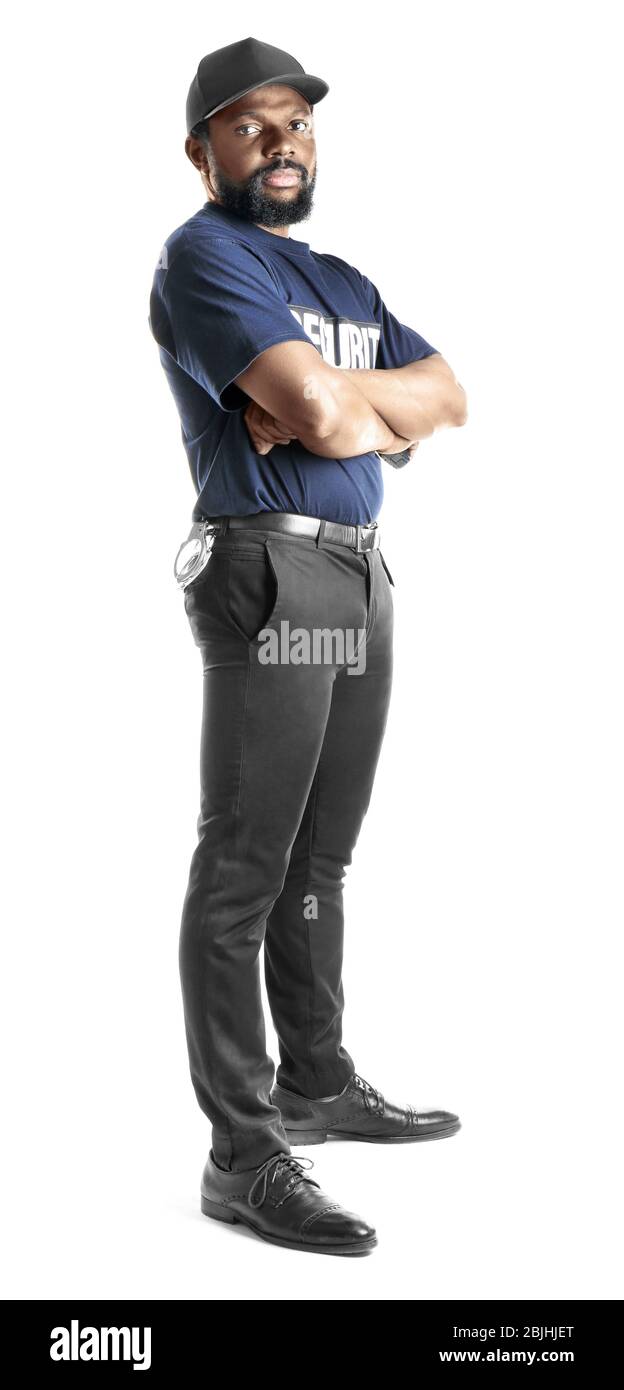 Male security guard on white background Stock Photo - Alamy