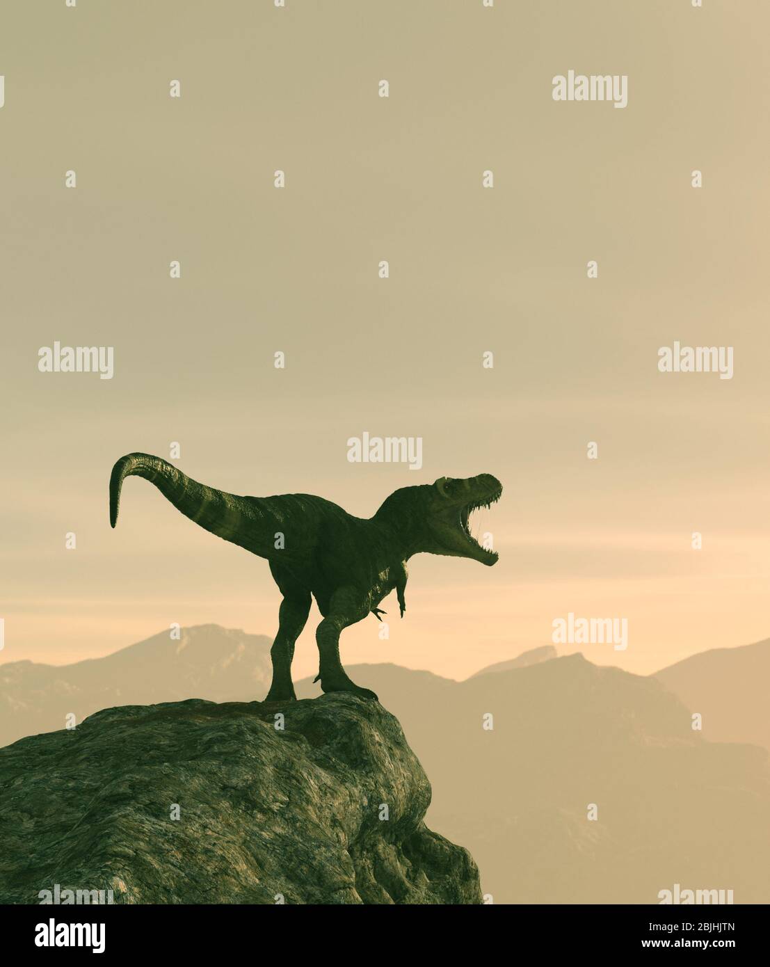 Tyrannosaurus rex on top of the peak,3d rendering Stock Photo - Alamy