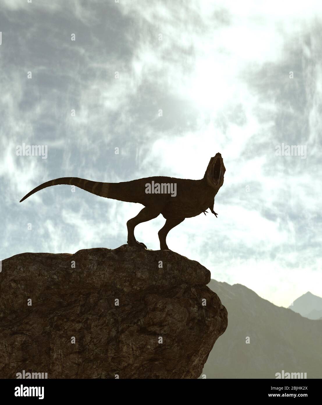Tyrannosaurus rex on top of the peak,3d rendering Stock Photo - Alamy