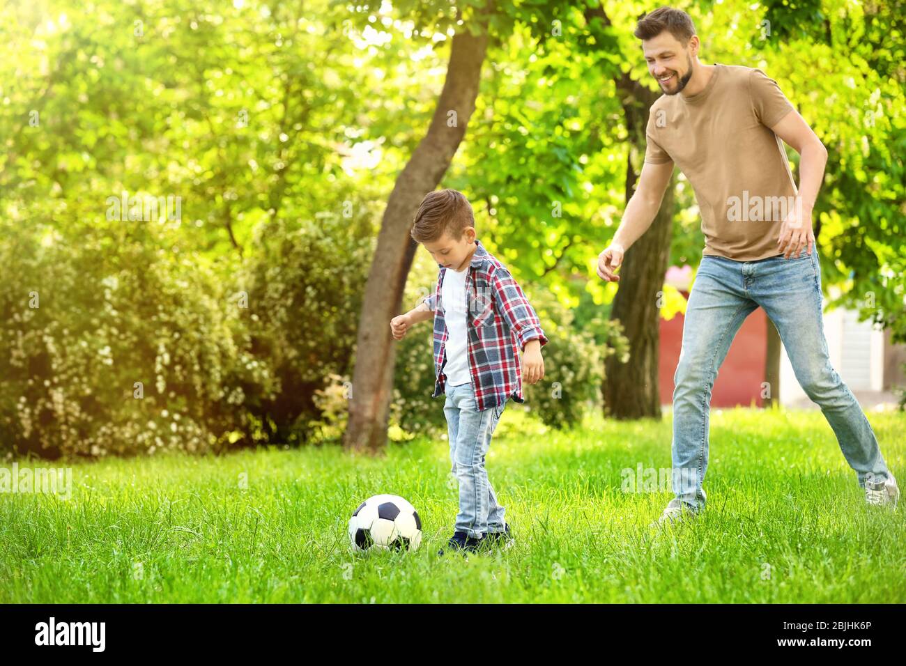Dad and son playing football together on green meadow Stock Photo - Alamy
