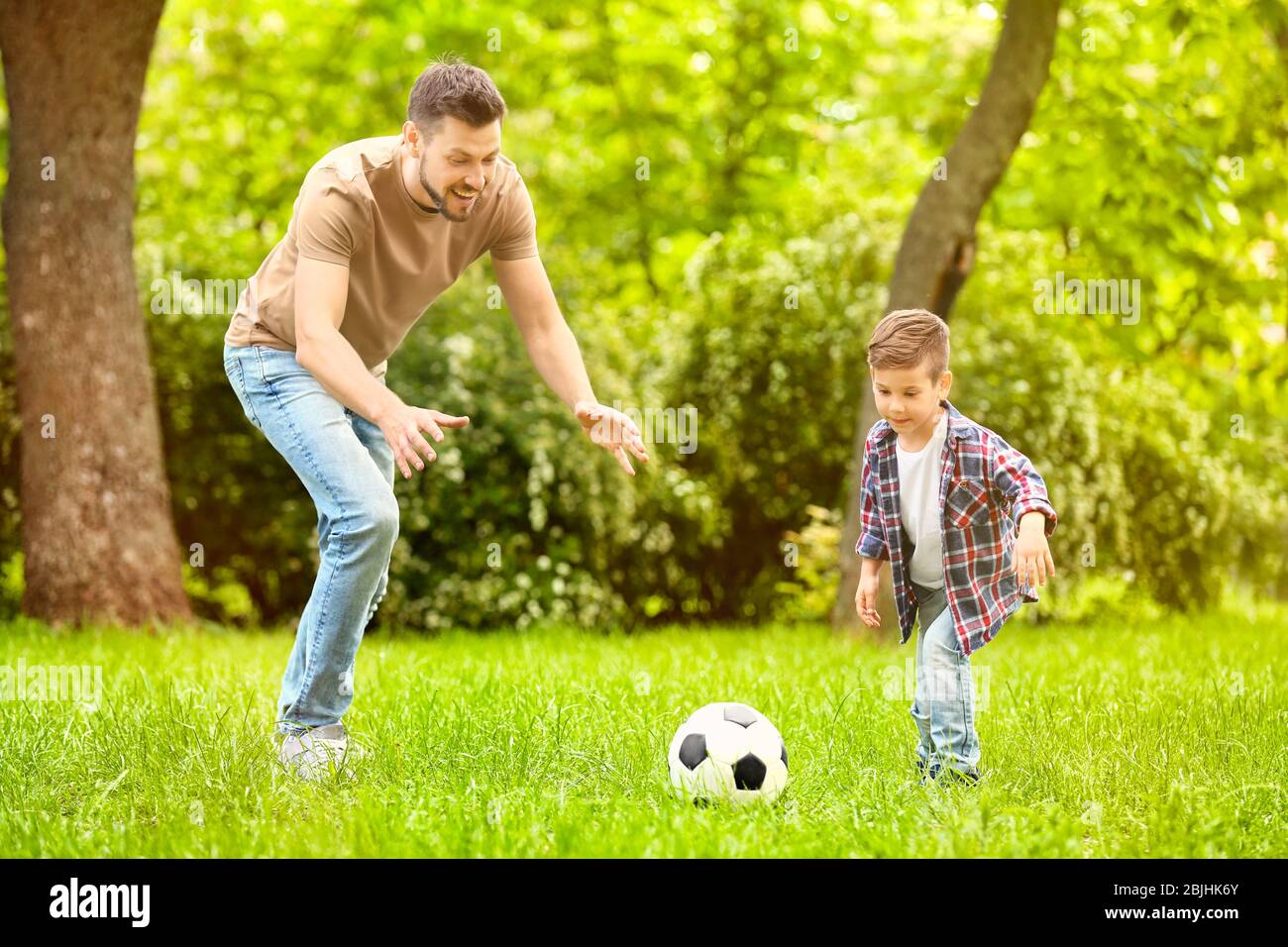 Dad and son playing football together on green meadow Stock Photo - Alamy