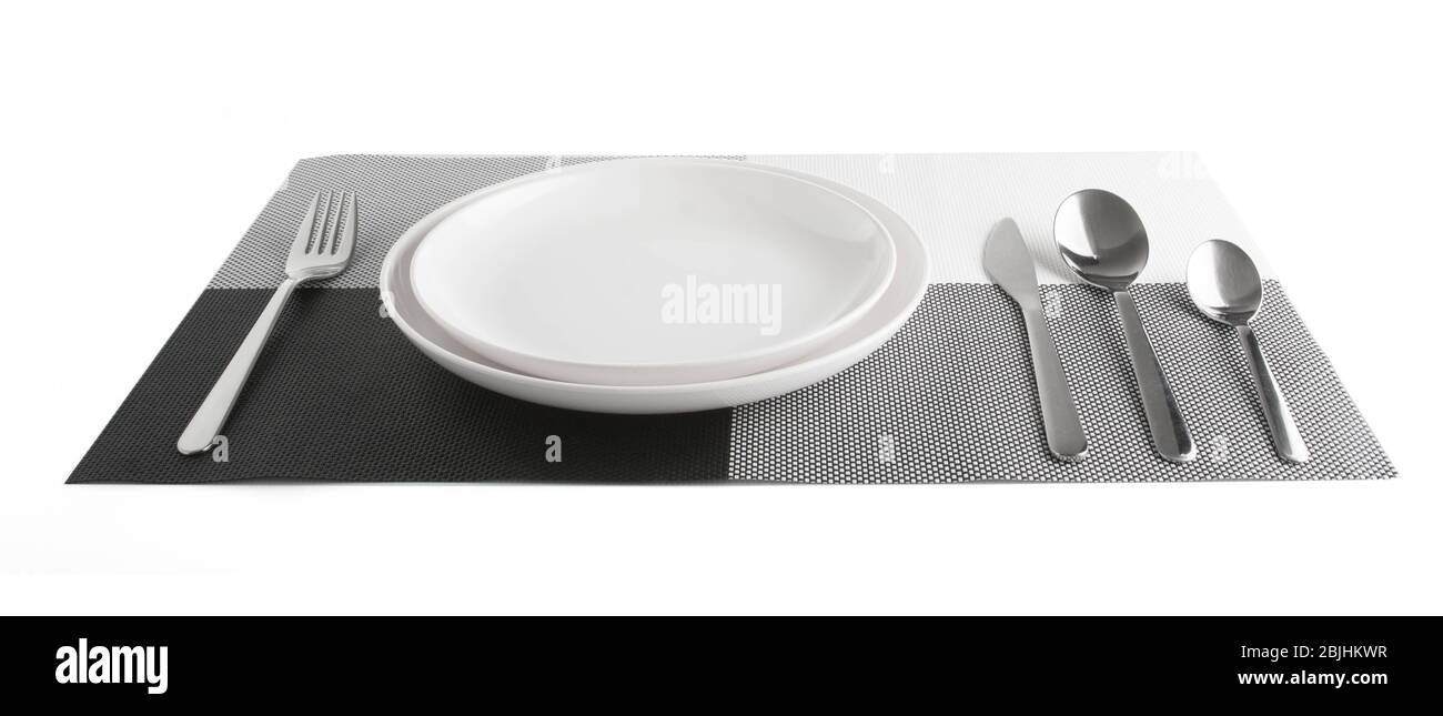 silverware or flatware set and plates isolated on white background ...