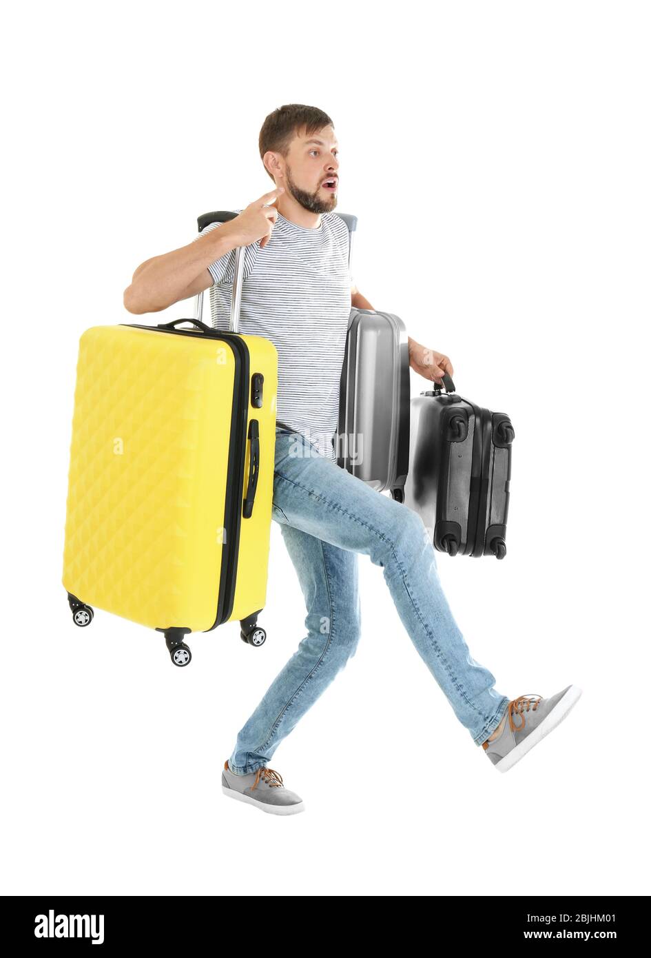Man with overweight luggage, isolated on white Stock Photo - Alamy