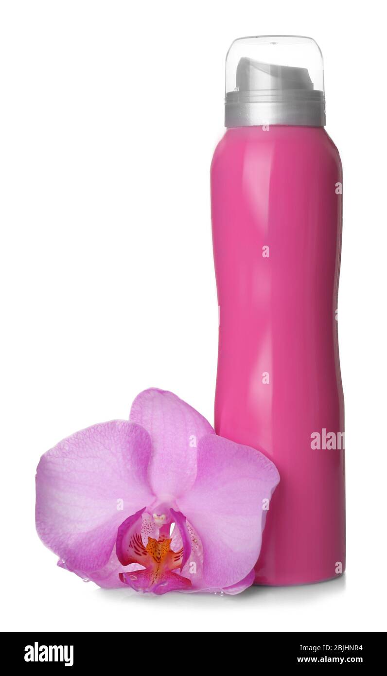 Female deodorant and orchid flower on white background Stock Photo - Alamy