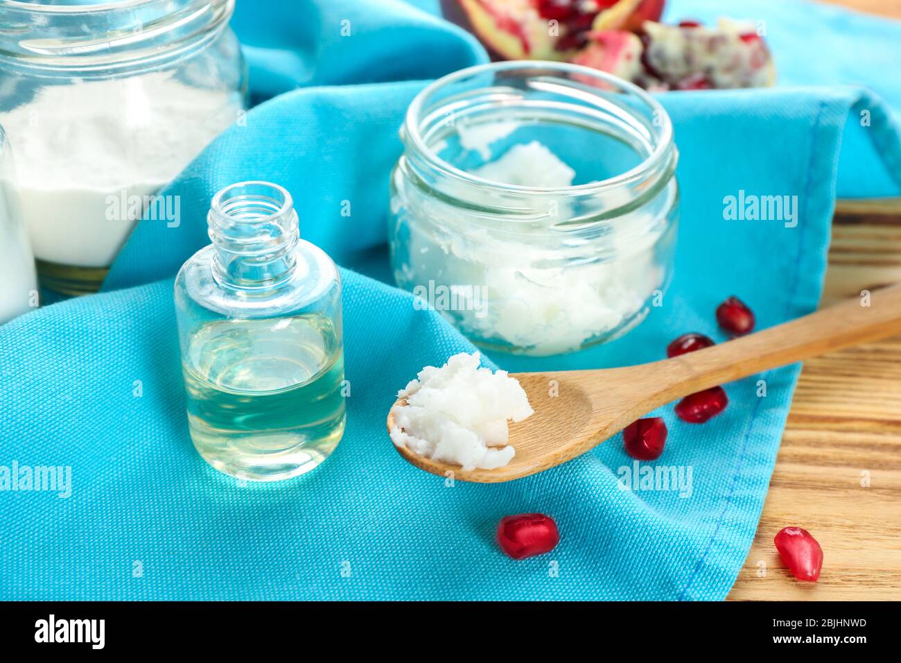 Composition with ingredients for deodorant and spoon on wooden table ...