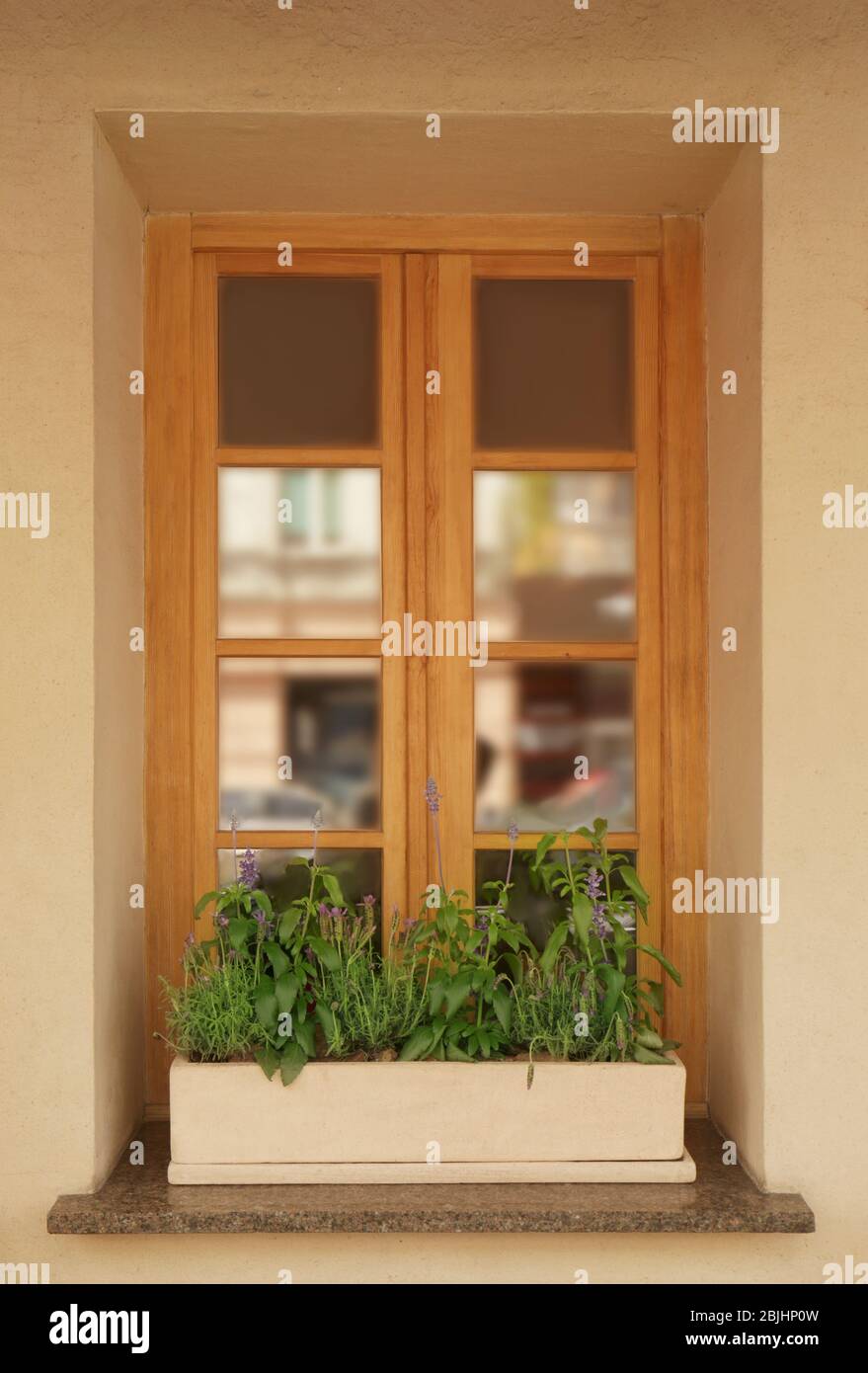 Modern wooden window decorated with flower Stock Photo - Alamy