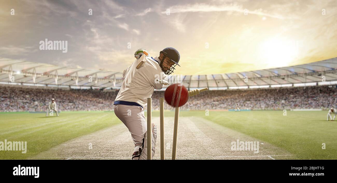 Rear View Of Cricket Ball Hitting the Stumps Behind the Batsman Stock ...