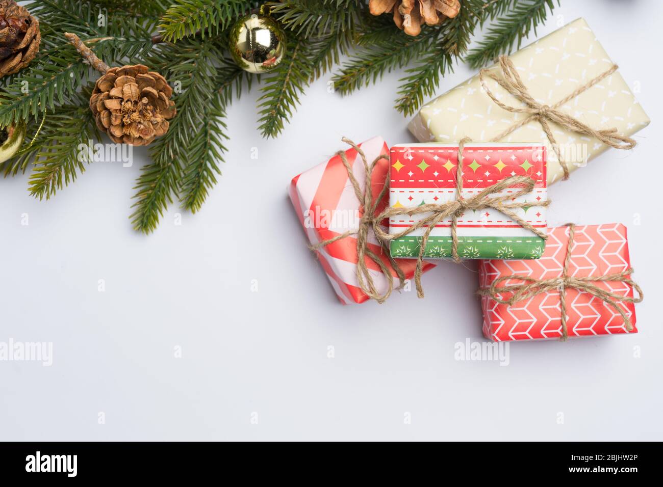 christmas gift presents in decorative boxes white background Stock ...