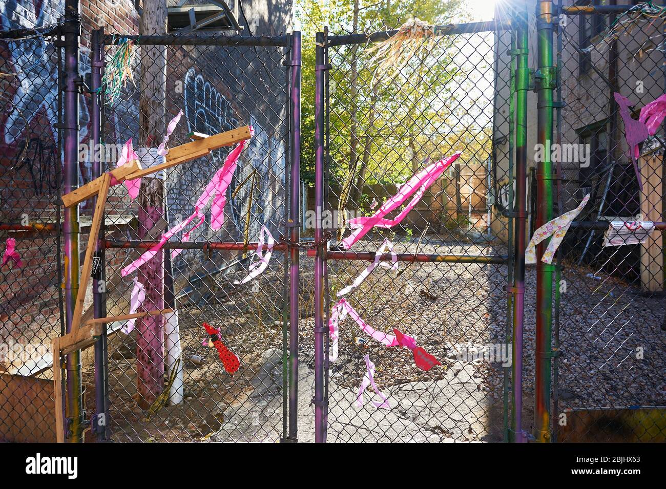 Metal gates with sun shining through in New York City, USA Stock Photo ...