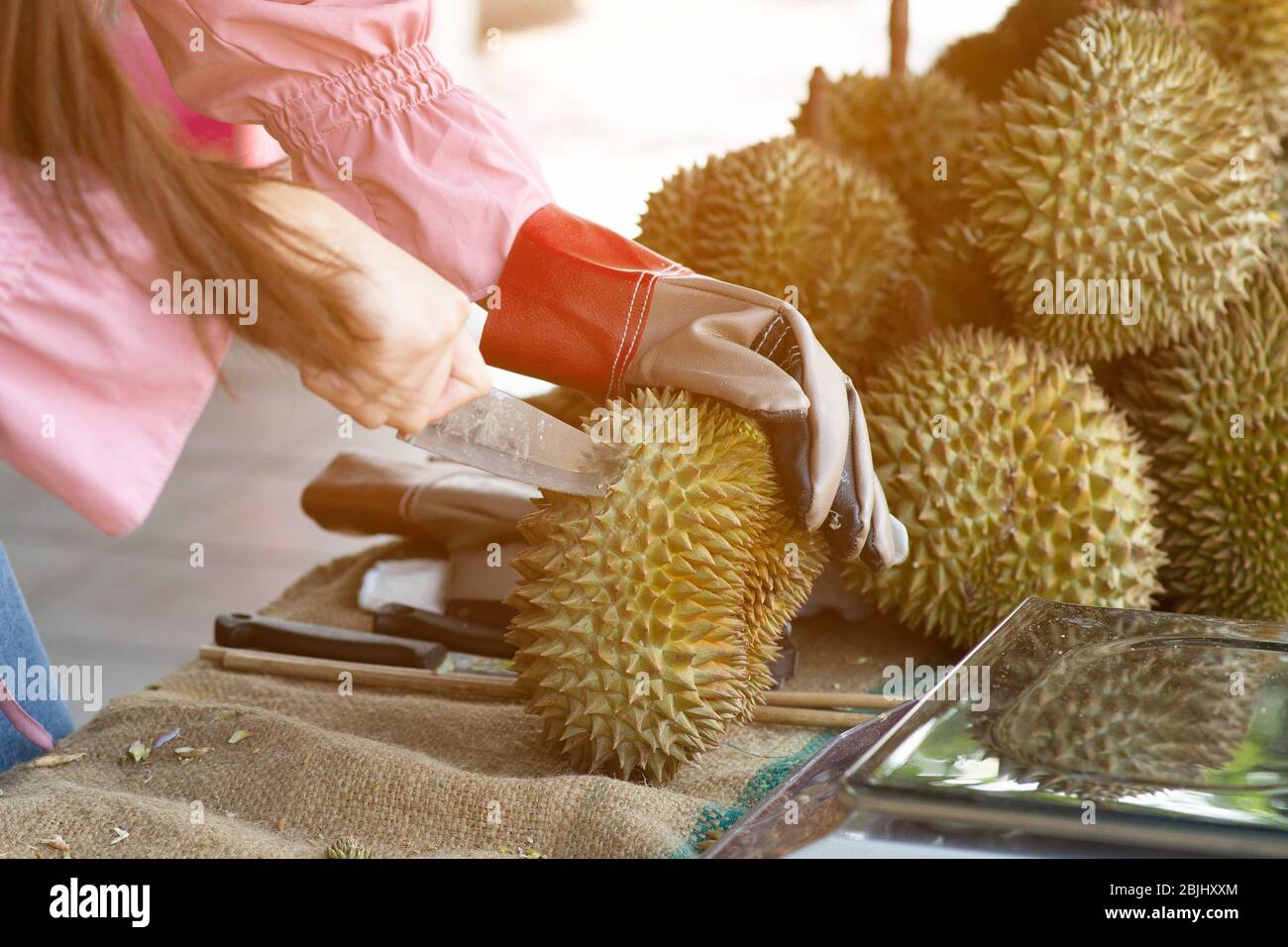 Asian pretty woman tearing durian with a knife, durians, often called ...