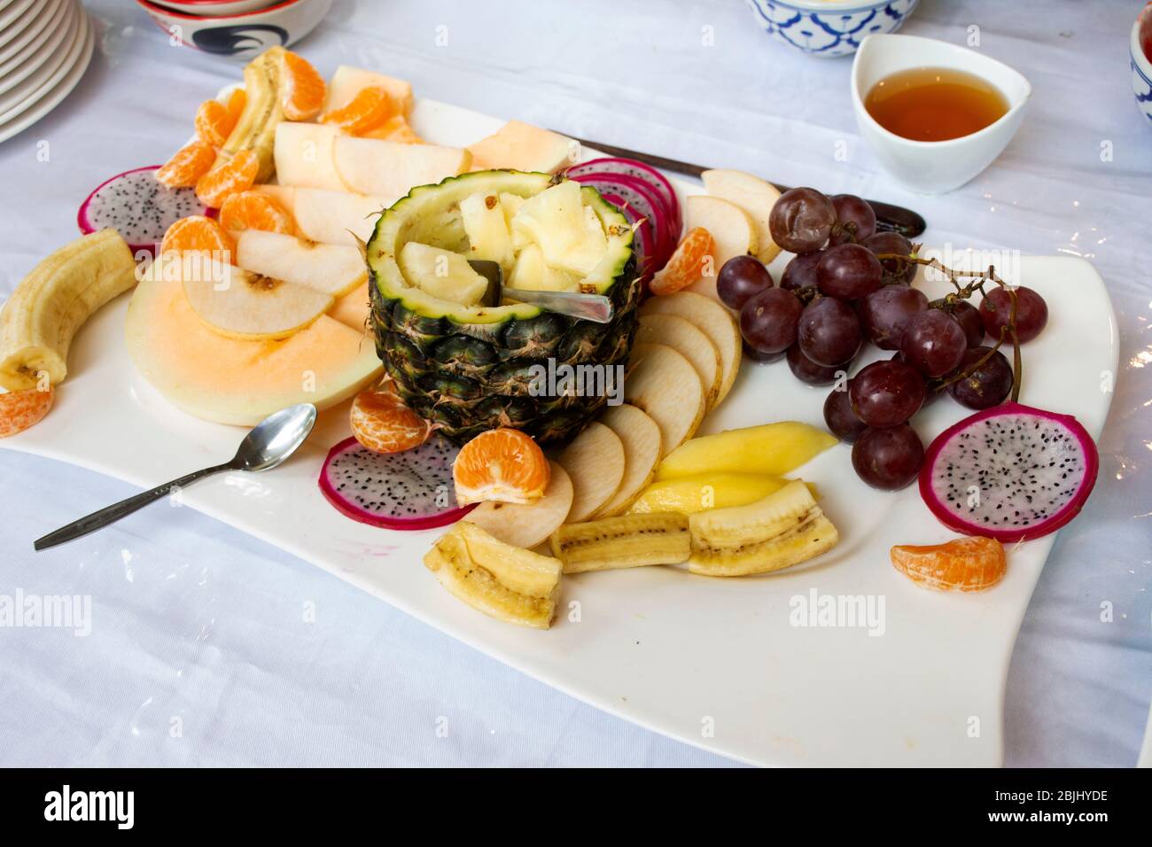 Variety fruits in buffet breakfast line in dining room for travelers ...