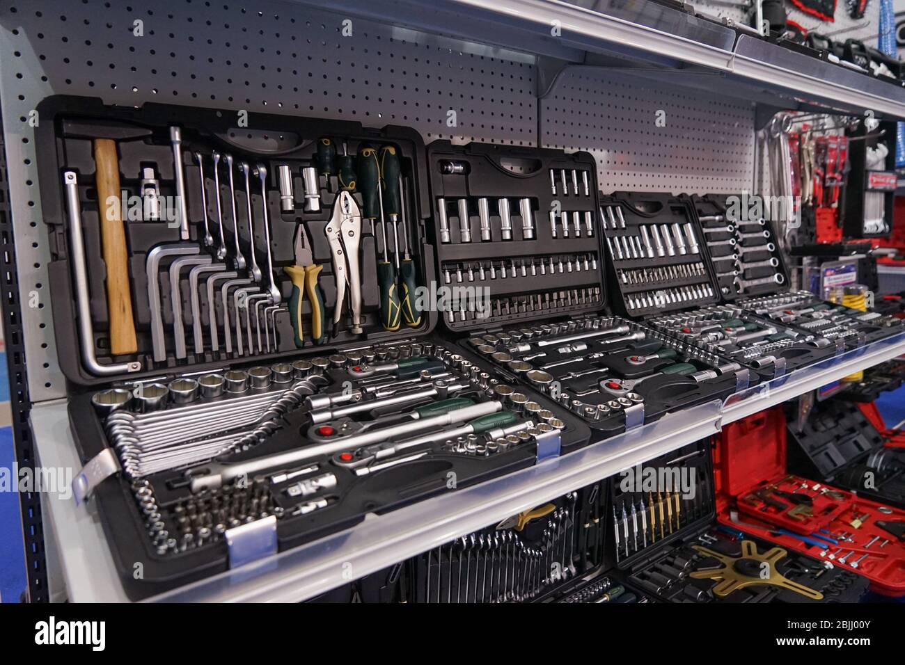 Car repair tool boxes presented in store Stock Photo - Alamy