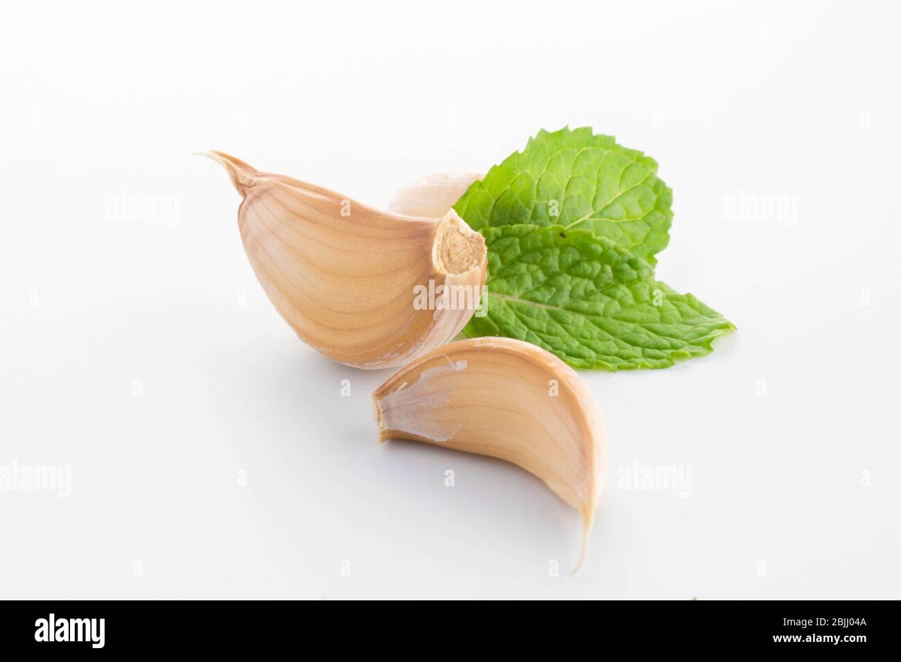 garlic with leaves of green mint isolated on white Stock Photo - Alamy